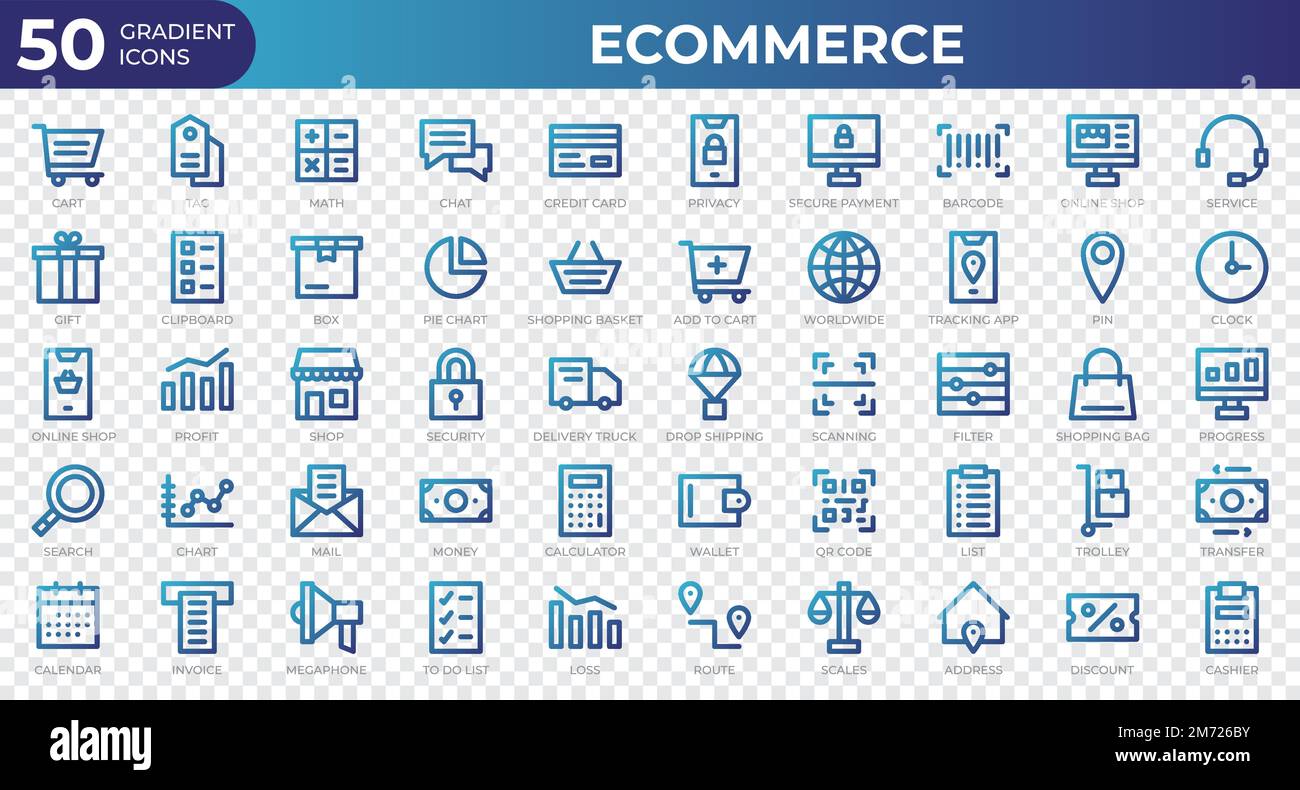 Set of 50 Ecommerce web icons in gradient style. Credit card, profit, invoice. Gradient icons ...