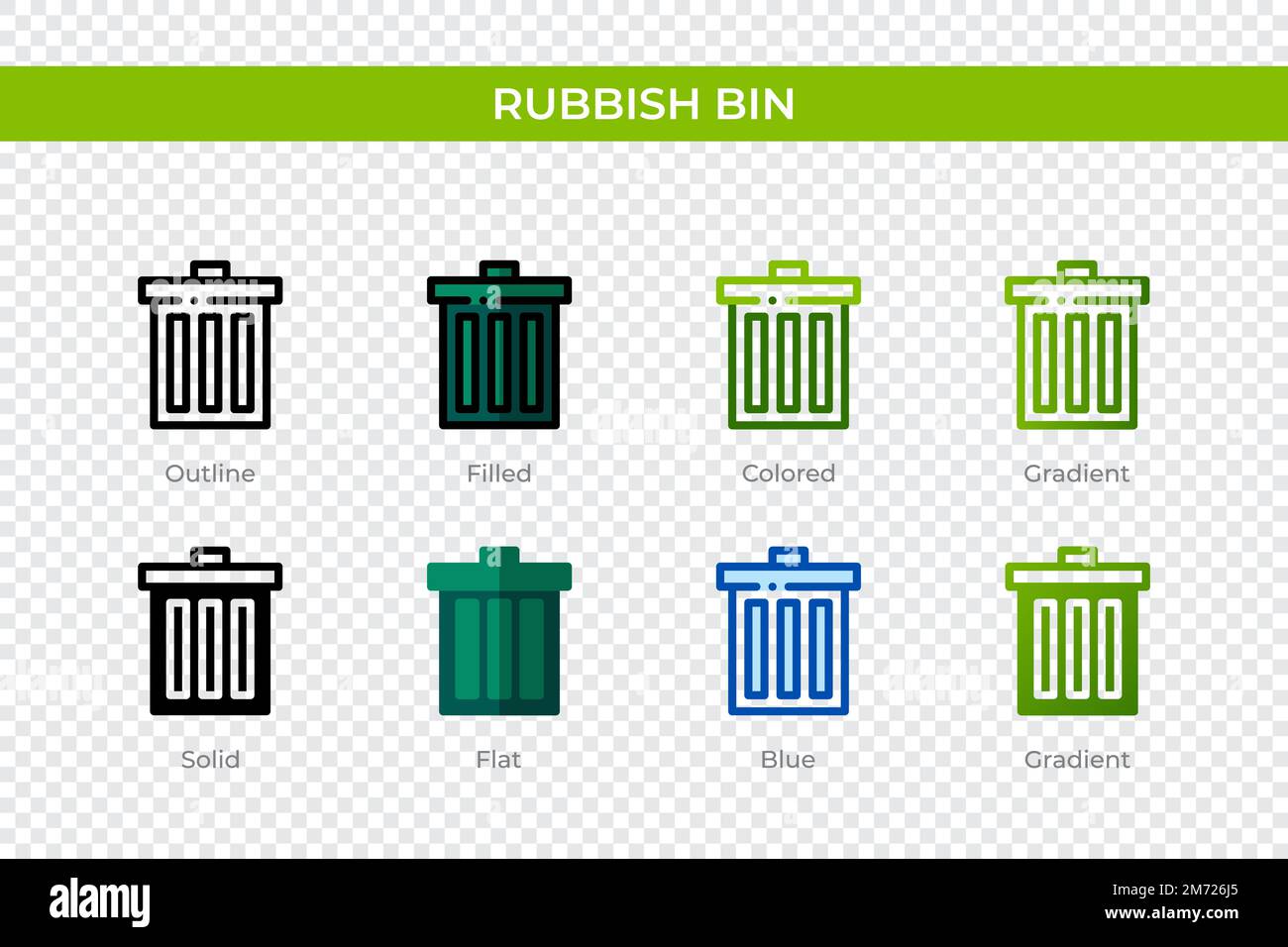 Rubbish bin icon in different style. Rubbish bin vector icons designed in outline, solid ...