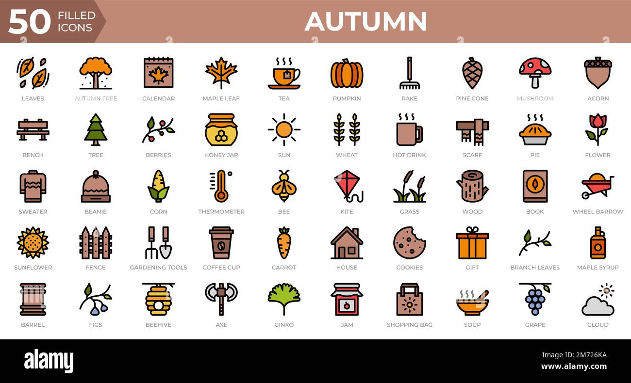 Set of 50 Autumn icons in filled outline style. Leaves, berries ...