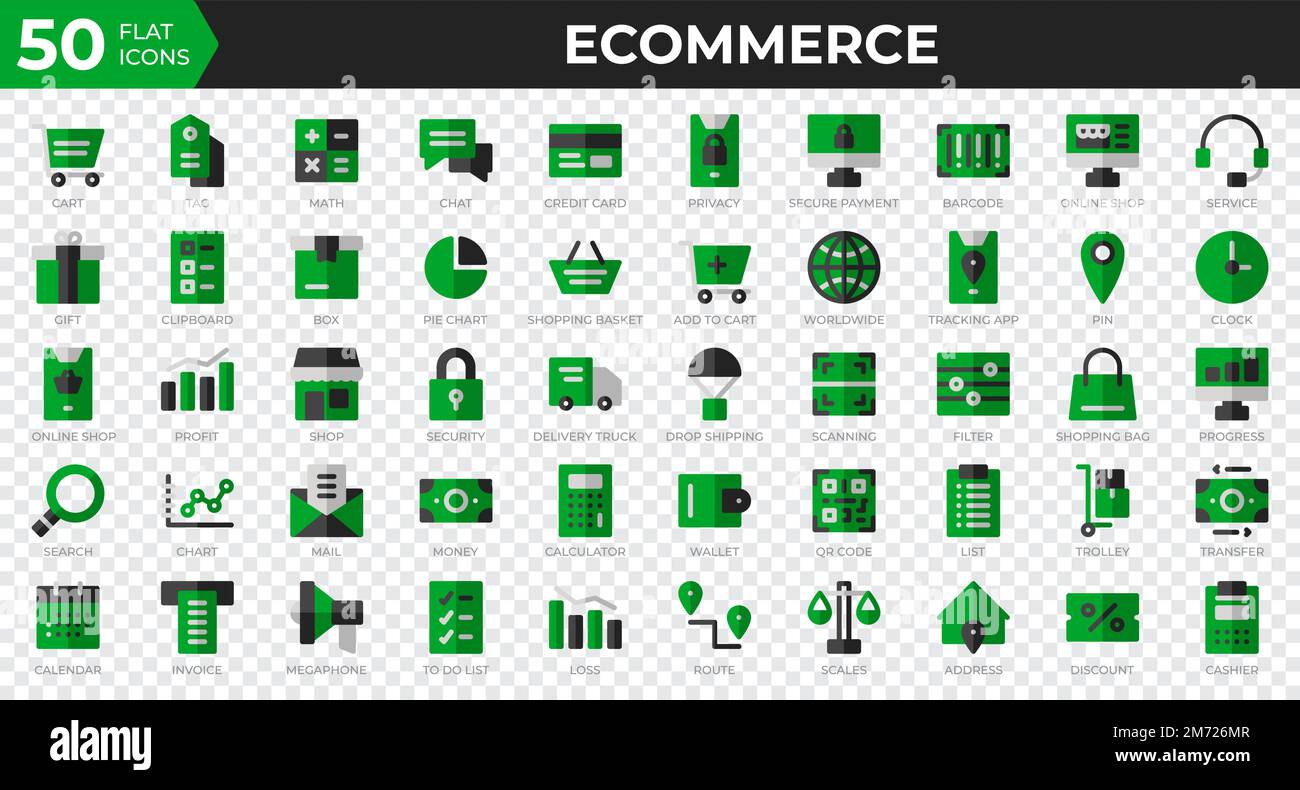 Set of 50 Ecommerce web icons in flat style. Credit card, profit, invoice. Flat icons collection ...