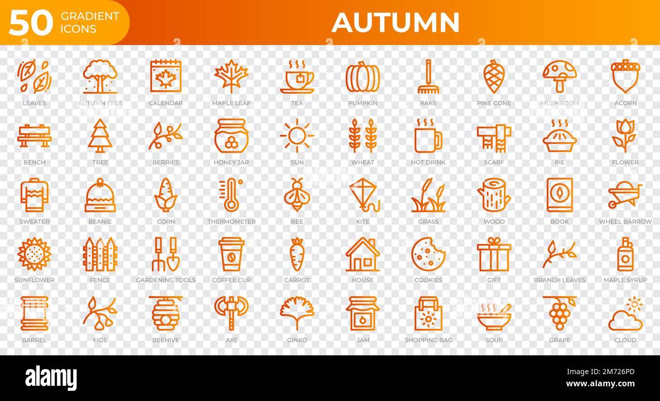 Set of 50 Autumn icons in gradient style. Leaves, berries, sweater ...