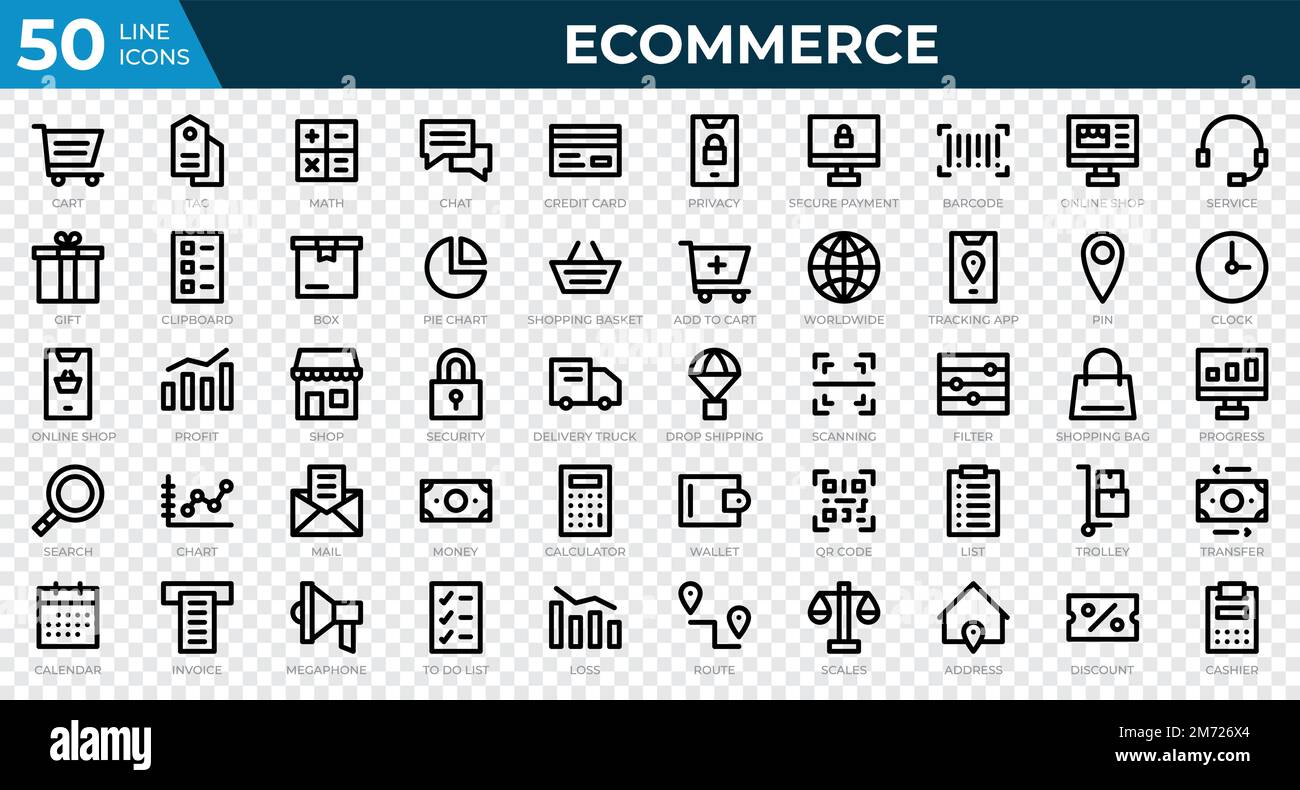 Set of 50 Ecommerce web icons in line style. Credit card, profit, invoice. Outline icons ...
