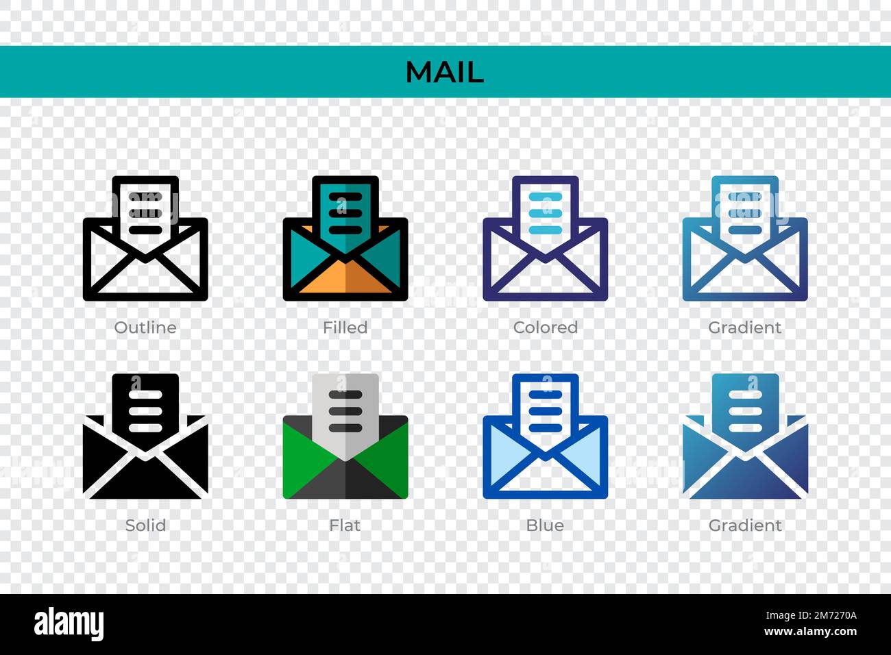 Mail icon in different style. Mail vector icons designed in outline, solid, colored, filled ...