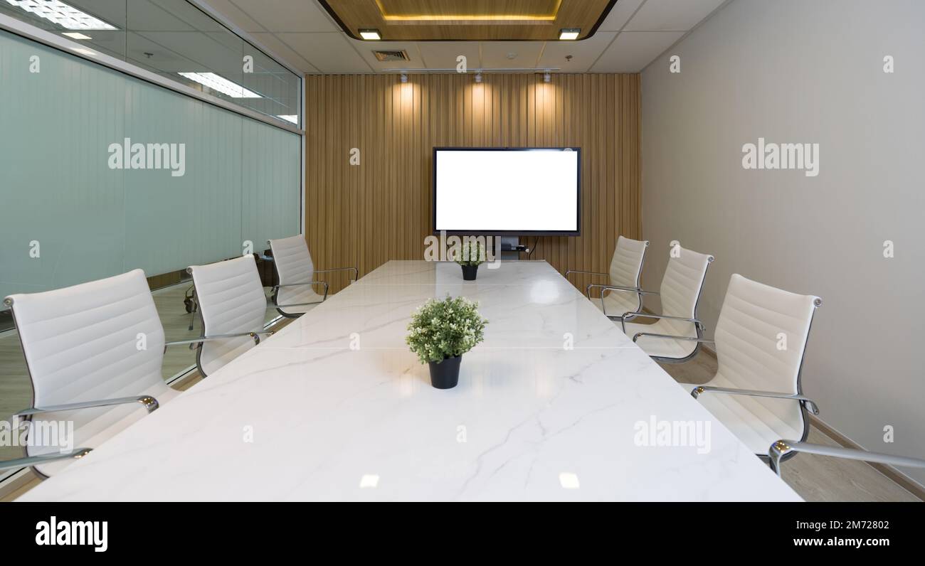 Conference room in a modern office building. Marble table, chair and ...