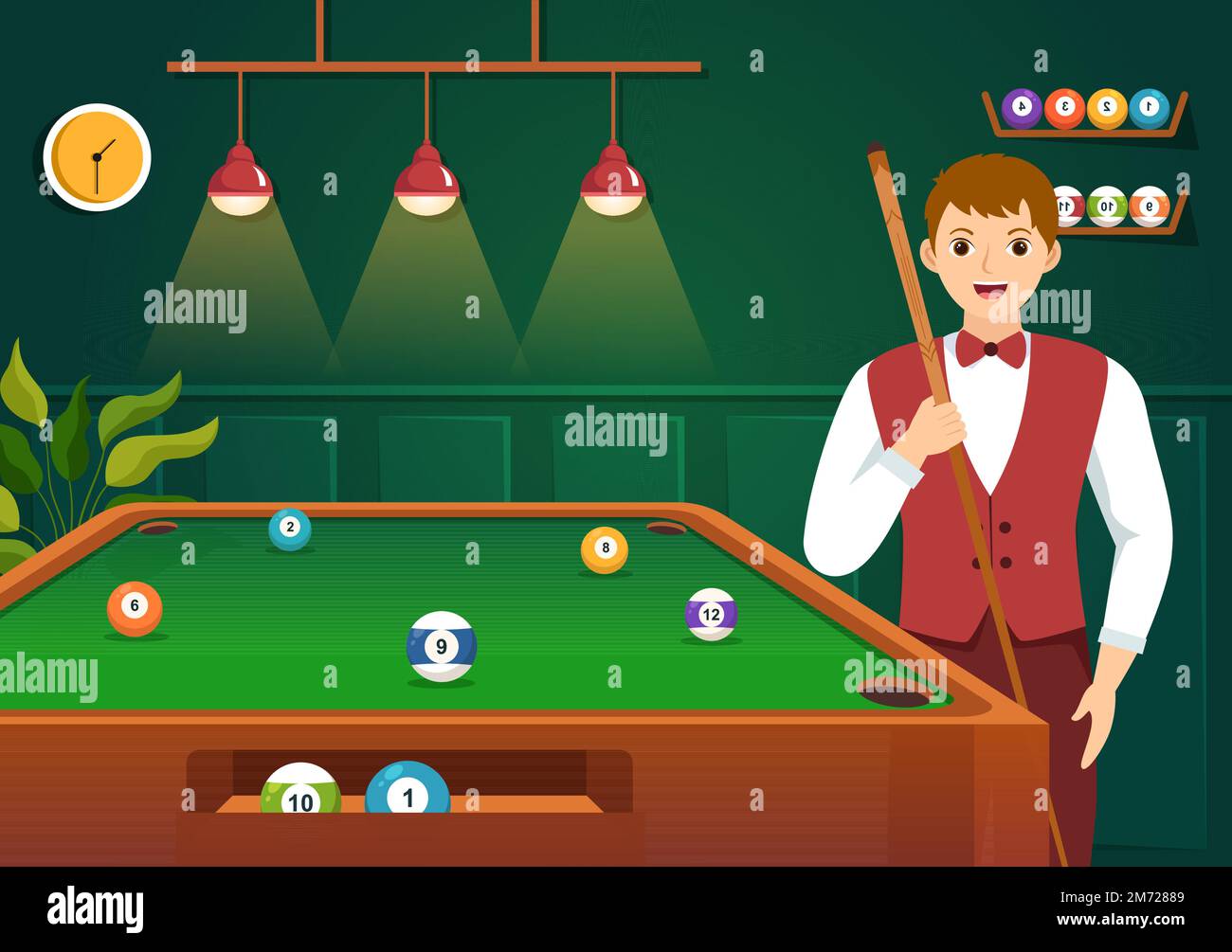 Billiards Game Illustration With Player Pool Room With Stick Table And