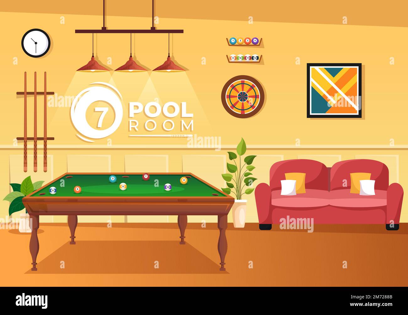 Billiards Game Illustration with Player Pool Room with Stick, Table and ...