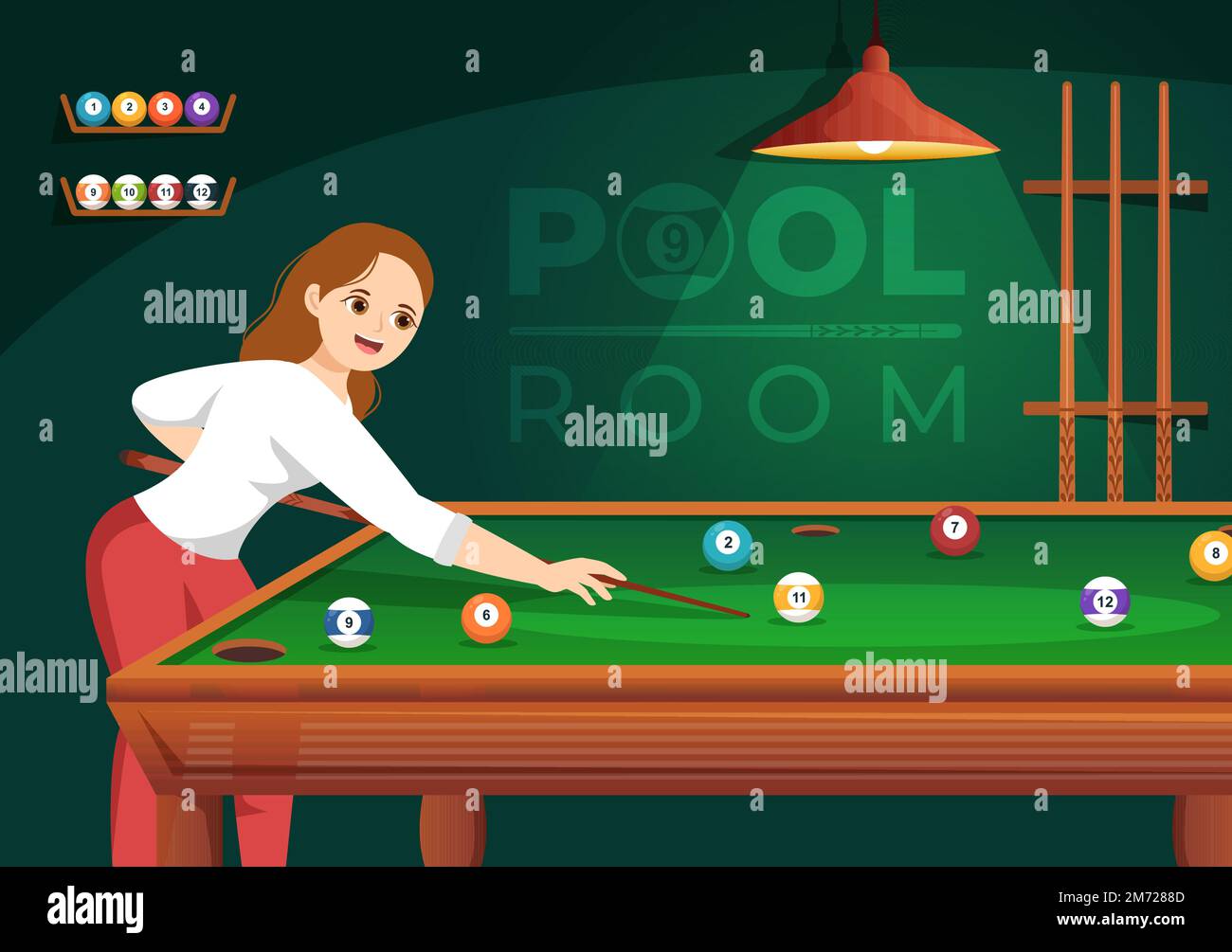 Billiards Game Illustration With Player Pool Room With Stick Table And