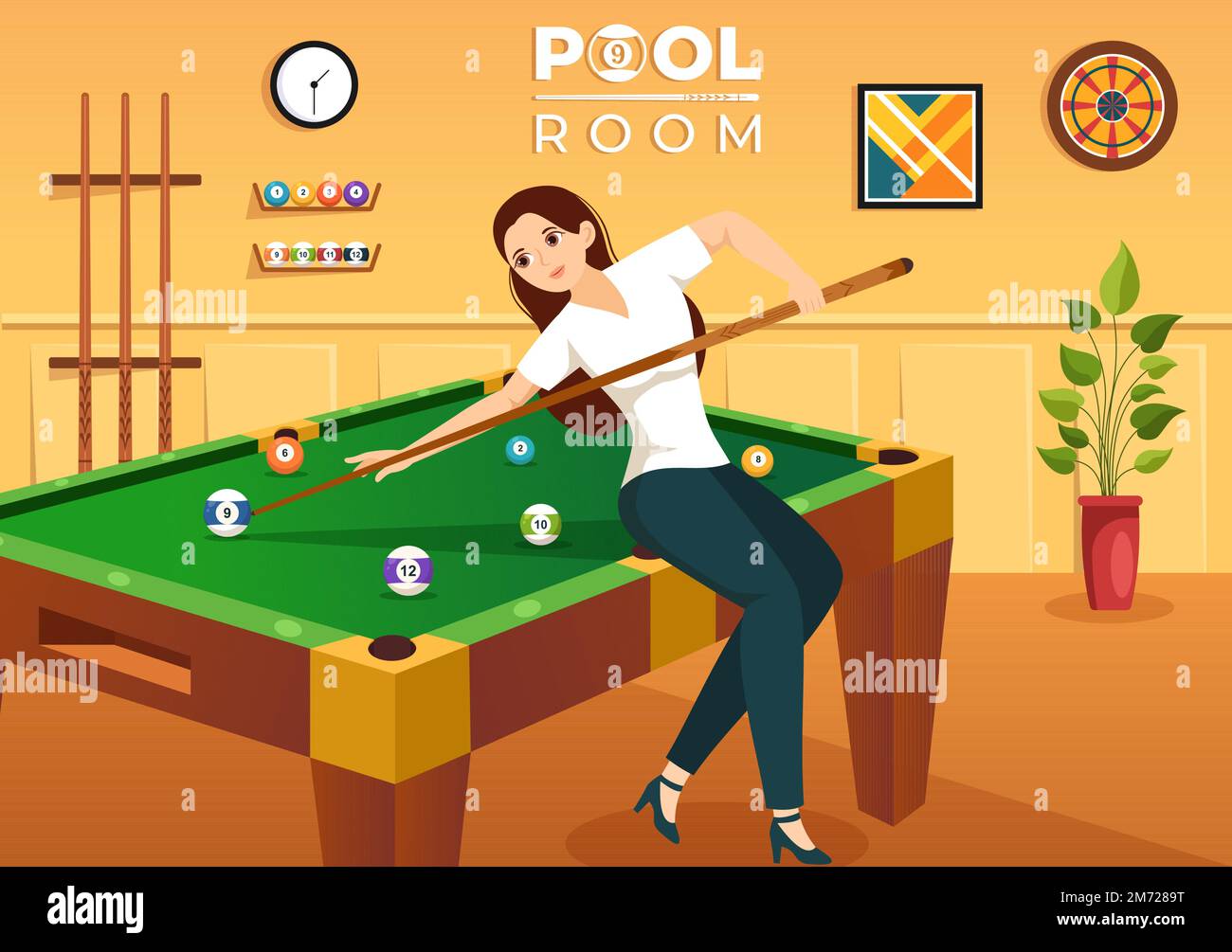 Billiards Game Illustration With Player Pool Room With Stick Table And