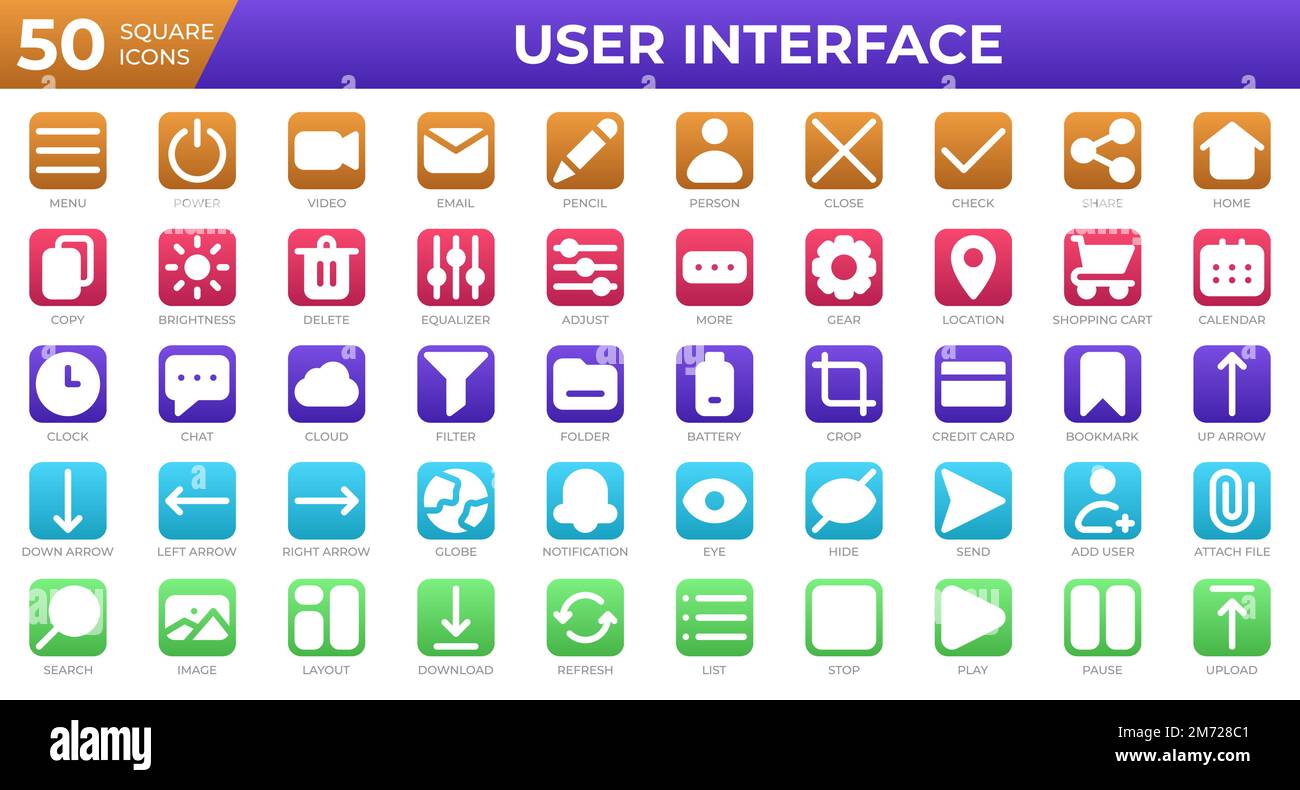 Set Of 50 User Interface Icons In Square Style Menu Calendar Clock 3706