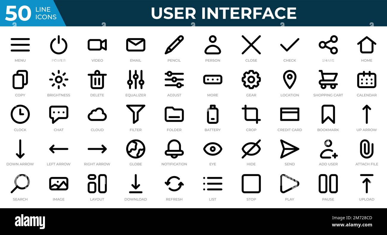 Set of 50 User Interface icons in line style. Menu, calendar, clock ...