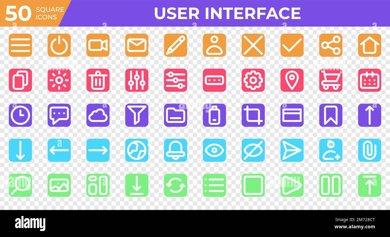 Set of 50 User Interface icons in square style. Menu, calendar, clock. Square icons collection ...