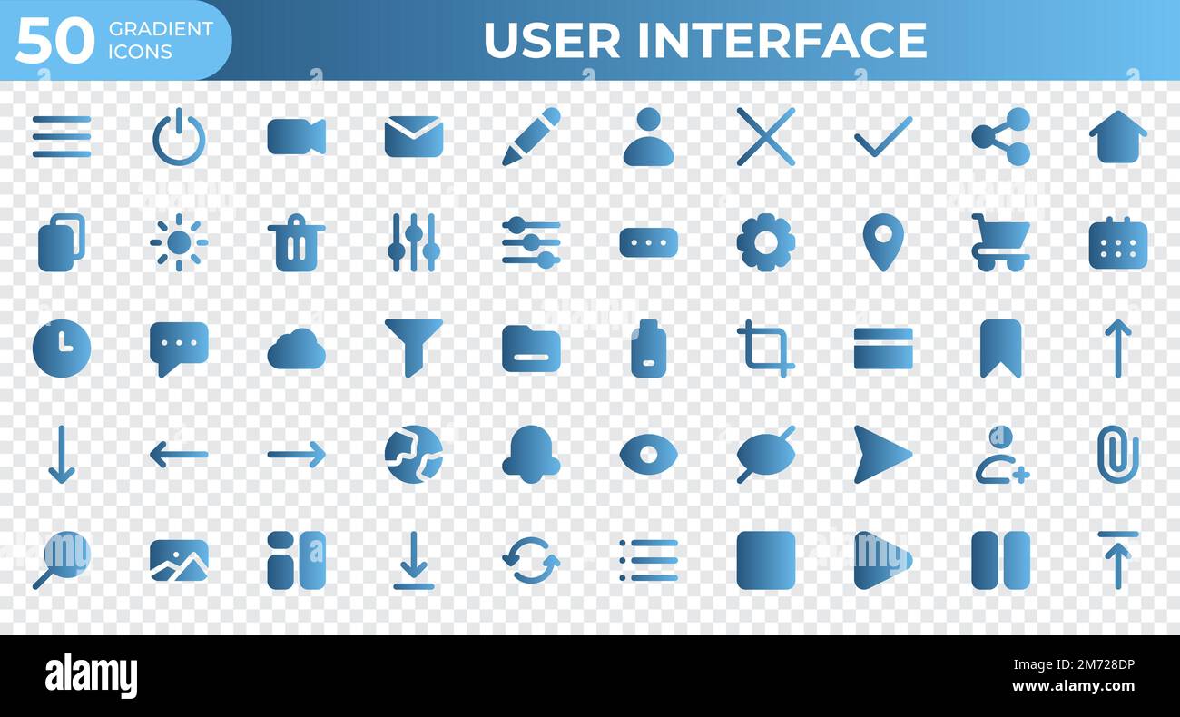Set of 50 User Interface icons in gradient style. Menu, calendar, clock. Gradient icons ...