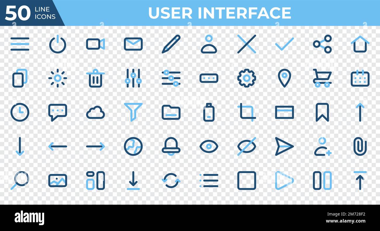 Set of 50 User Interface icons in colored line style. Menu, calendar ...