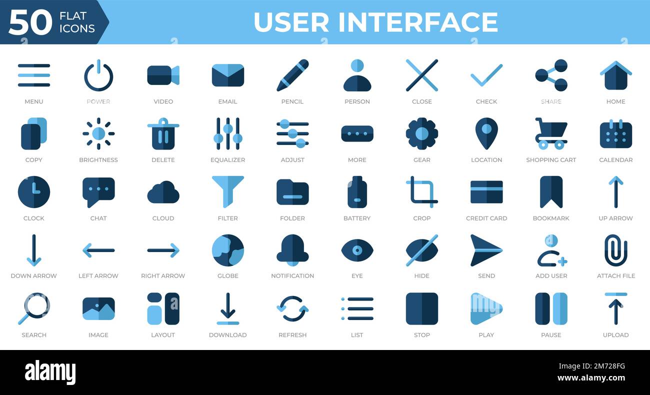 Set of 50 User Interface icons in flat style. Menu, calendar, clock ...