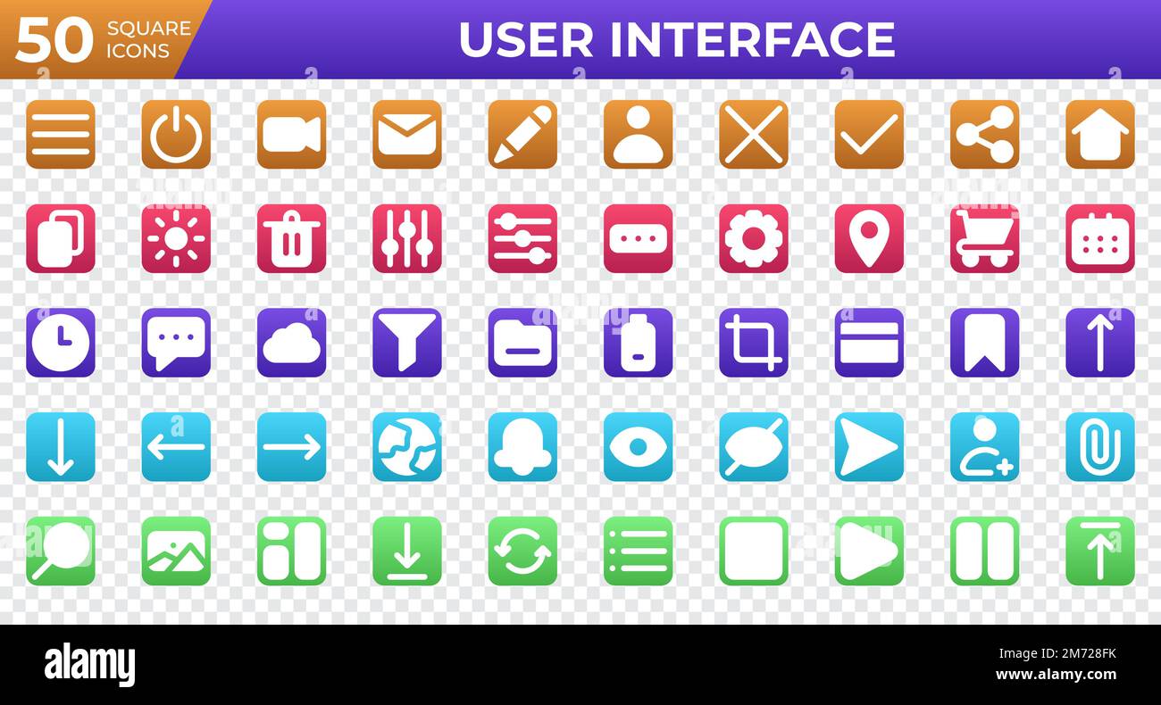 Set Of 50 User Interface Icons In Square Style Menu Calendar Clock 5289