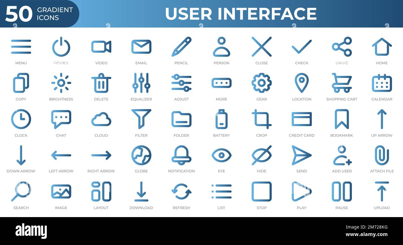 Set of 50 User Interface icons in gradient style. Menu, calendar, clock ...
