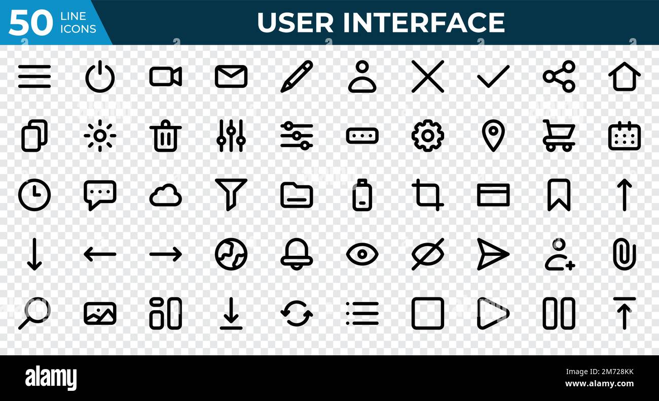 Set of 50 User Interface icons in line style. Menu, calendar, clock. Outline icons collection ...