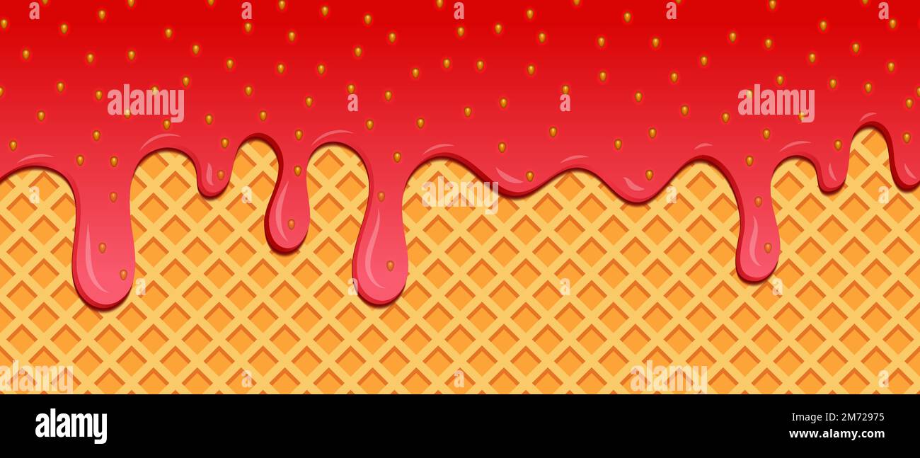 Strawberry ice cream melted on waffle background. Сream melted on ...