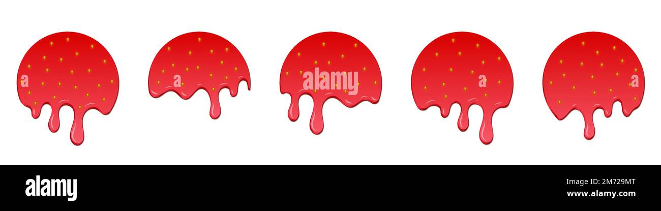 Set of strawberry drops. Dripping melted strawberry. Realistic melted ...