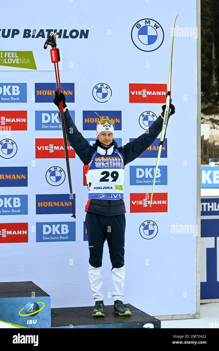 Pokljuka, Slovenia. 06th Jan, 2023. Third placed Sturla Holm Laegreid ...
