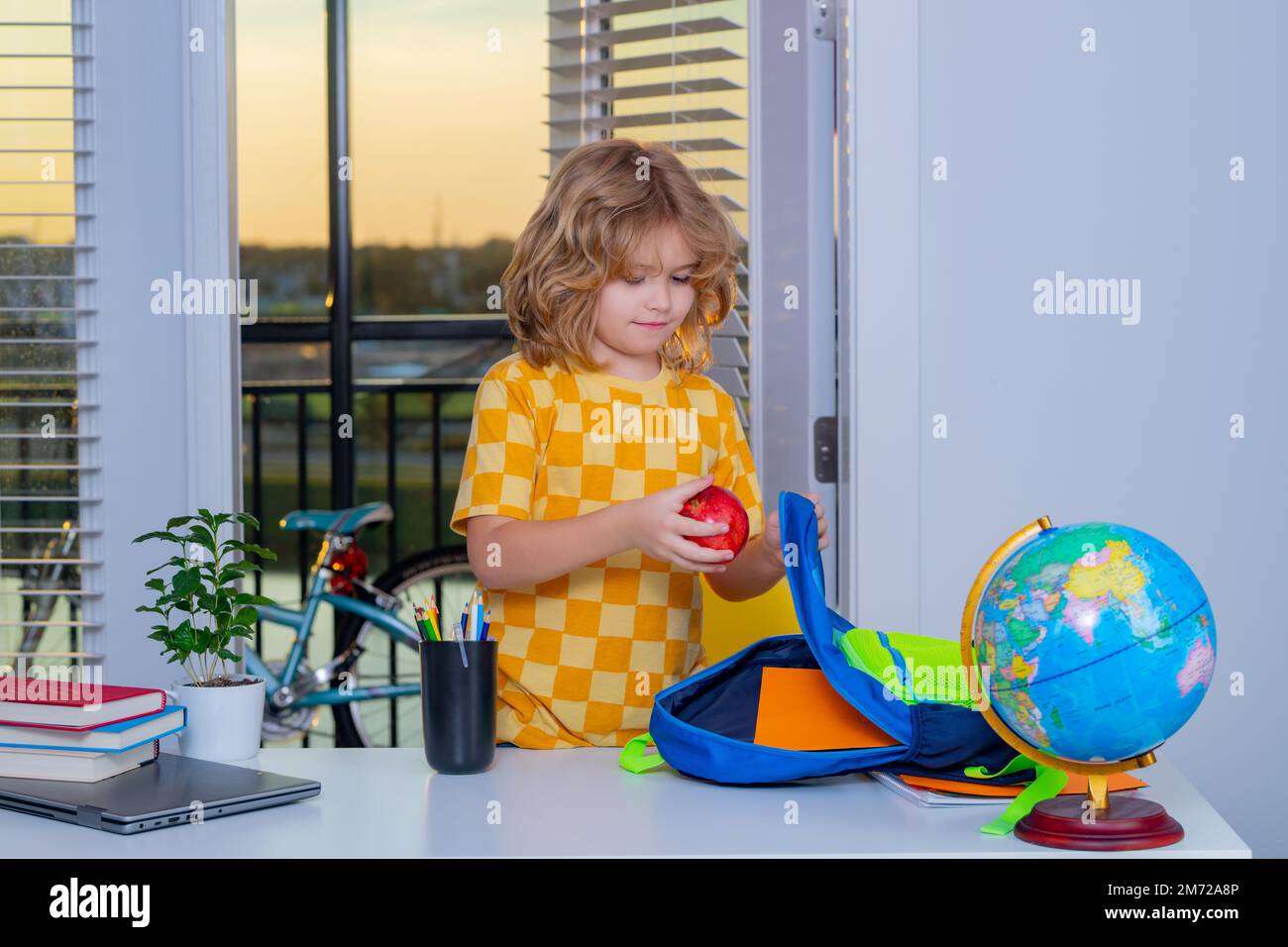 Preparation for school. School kid student learning, study language or ...