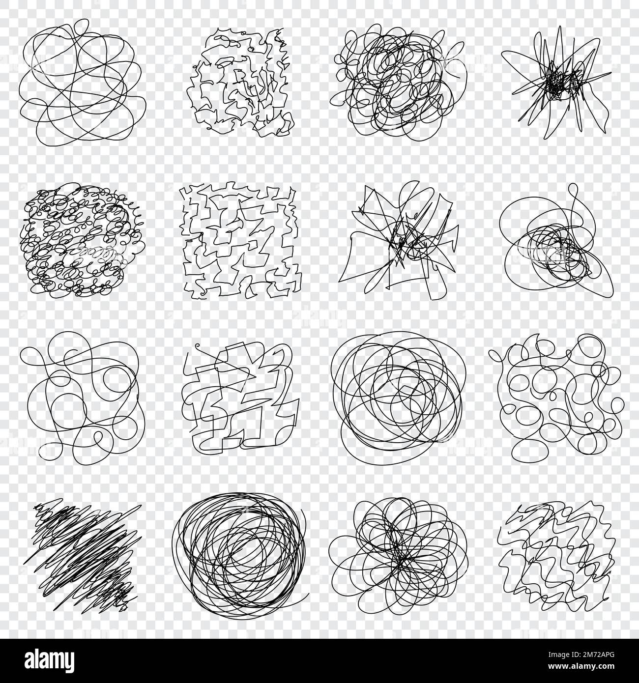 Set of Hand drawing random chaotic lines. Insane tangled scribble clew. Black design abstract ...