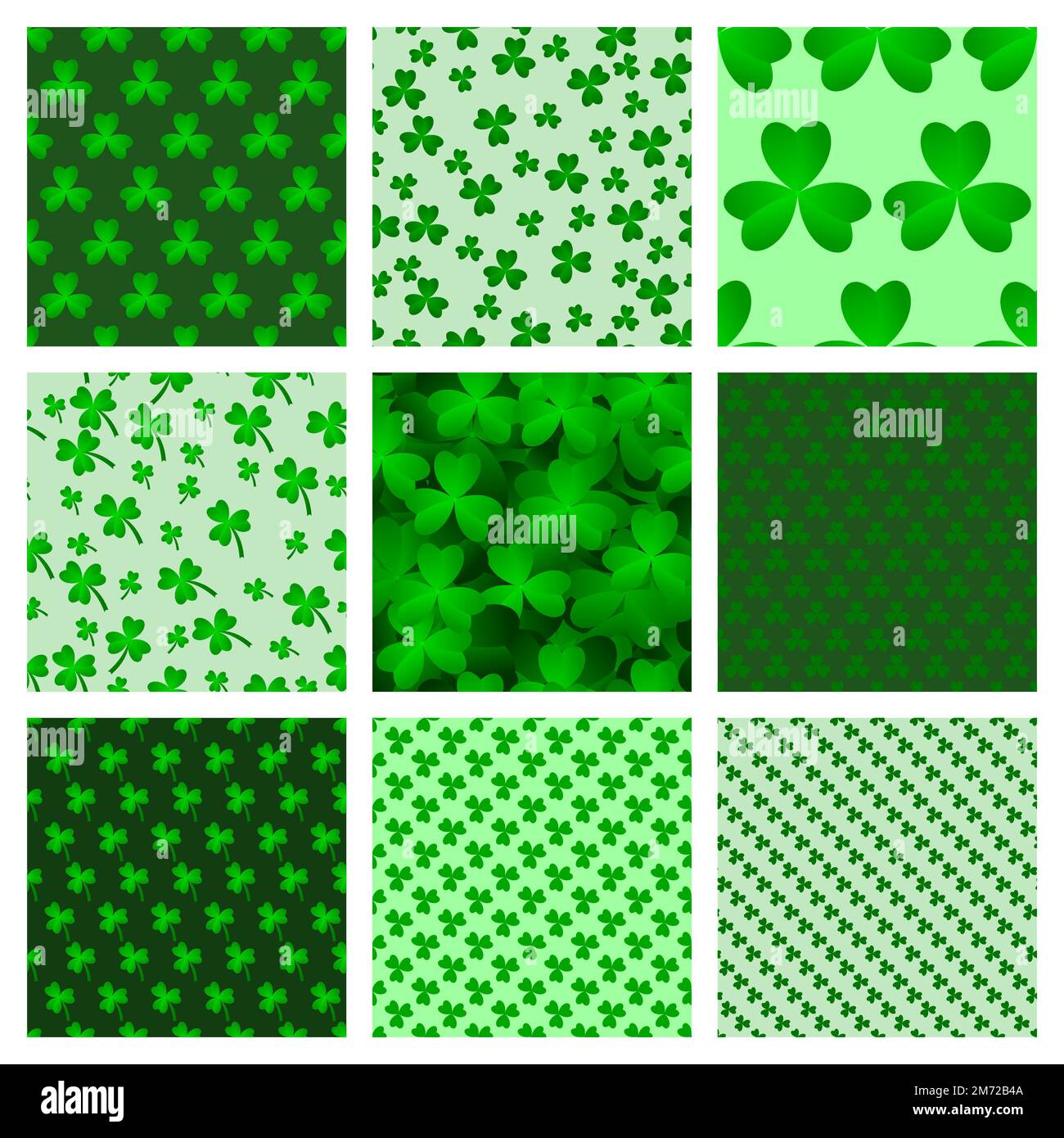 Green clover leaves seamless patterns set. Abstract geometric ...