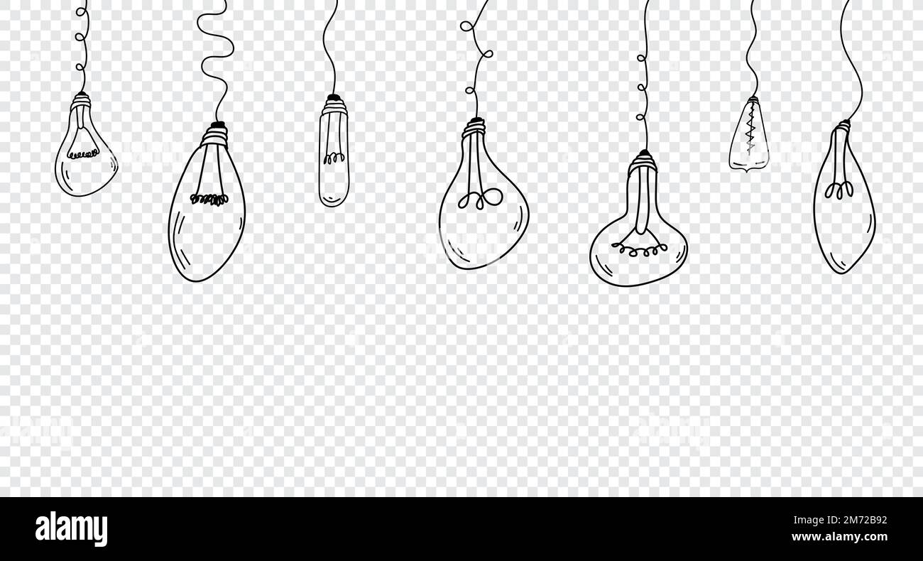 Set of hanging light bulb with doodles hand drawn style. Light bulb set. Doodle hand drawn ...