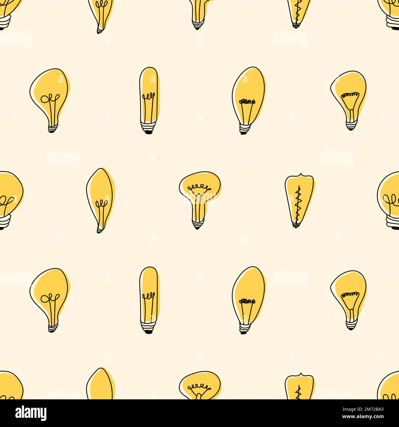 Hand drawn seamless pattern of Light Bulbs. Different loft lamps in doodle style. Idea lightbulb ...
