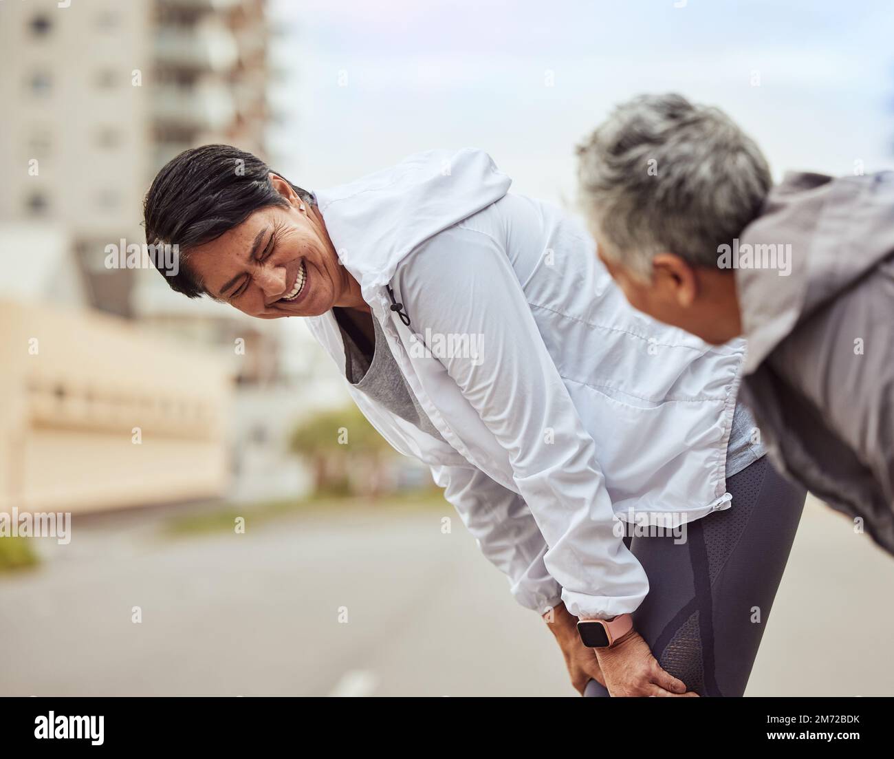 Tired, running and friends with women in city training for stamina ...