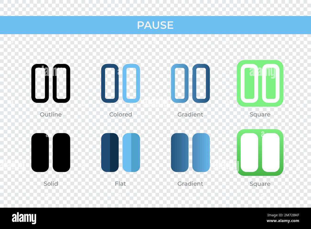 Pause icon in different style. Pause vector icons designed in outline, solid, colored, gradient ...