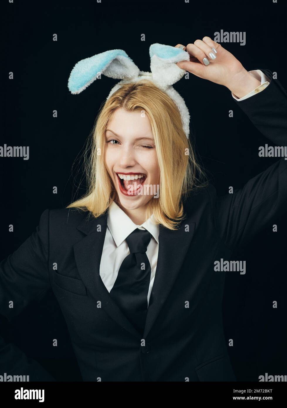Pretty Bunny Girl Winking And Tongue Out Happy Woman In Bunny Ears