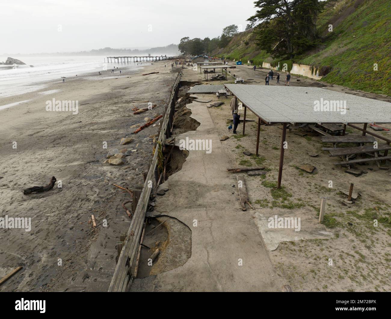 Aptos, USA. 06th Jan, 2023. Aerial view of the Rio Del Mar Beach, which ...