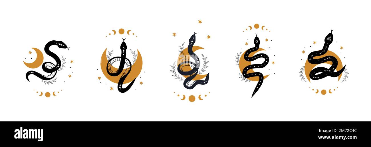 Set of magic snakes in boho style with moon. Mystical symbols in a ...