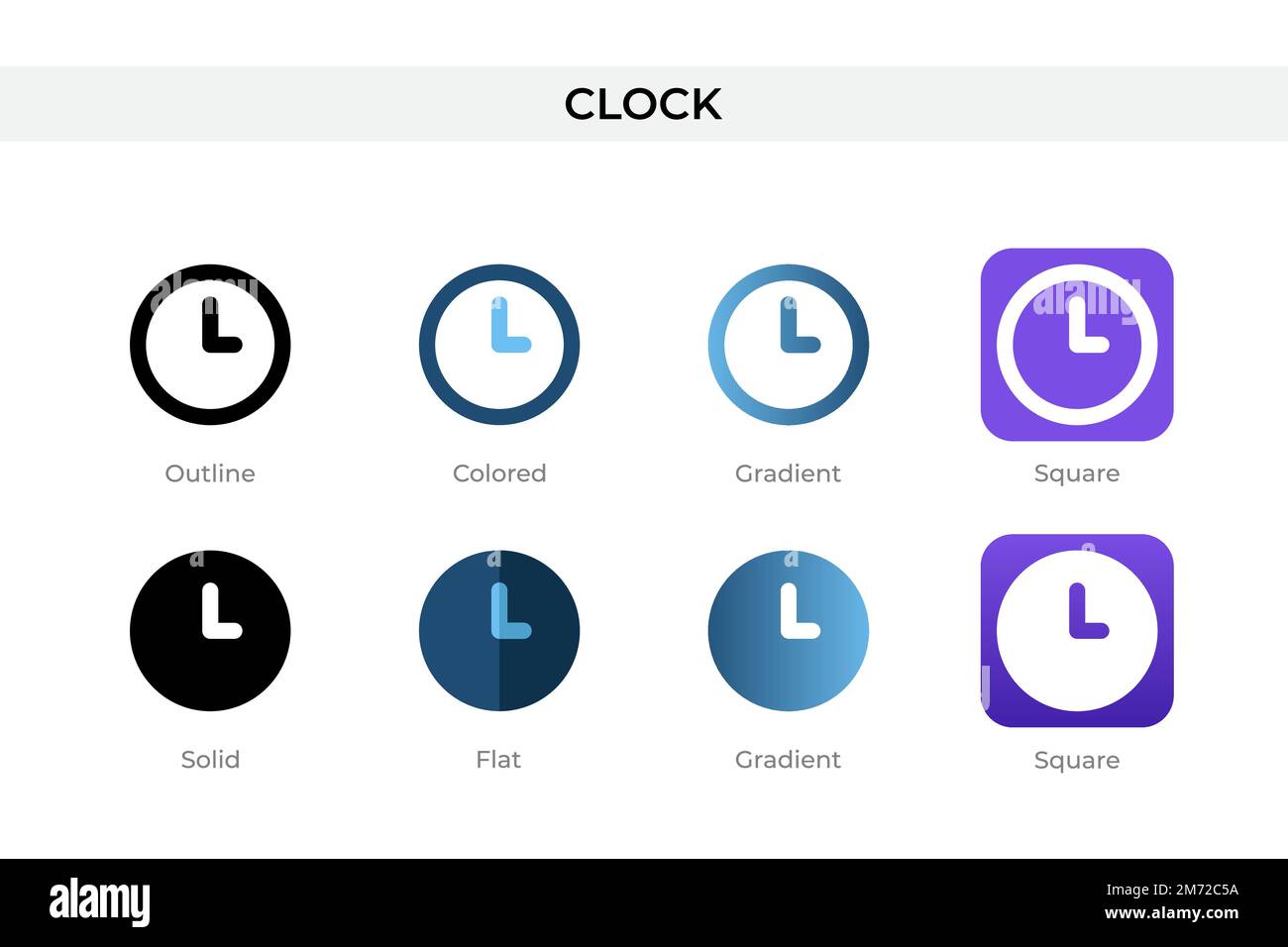 clock icon in different style. clock vector icons designed in outline, solid, colored, gradient ...
