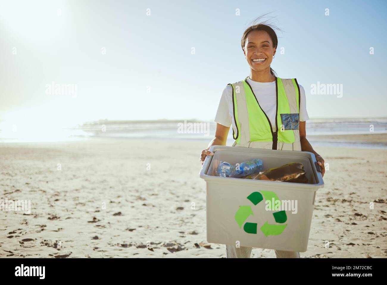 Recycle, plastic and woman cleaning beach for sustainability, green environment and eco friendly ...
