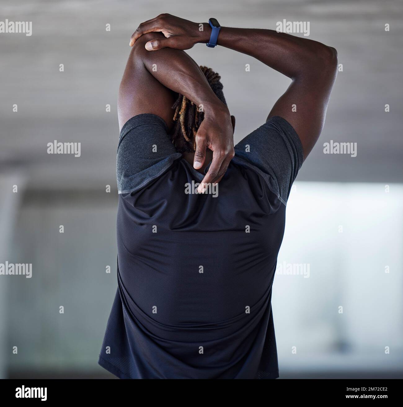 Black man, back and stretching fitness outdoor for sports workout ...