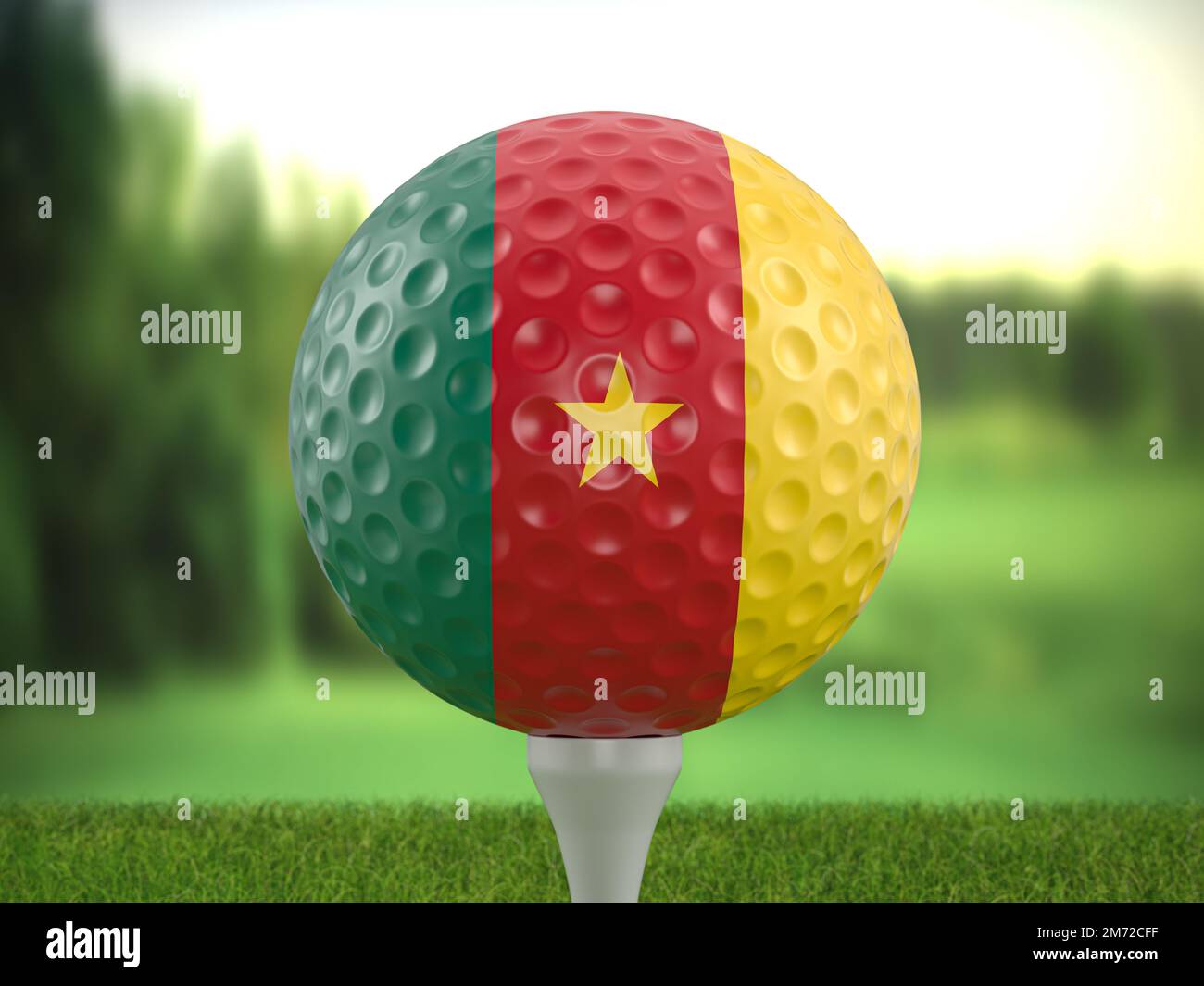 Golf ball Cameroon flag on a golf course. 3d illustration Stock Photo ...
