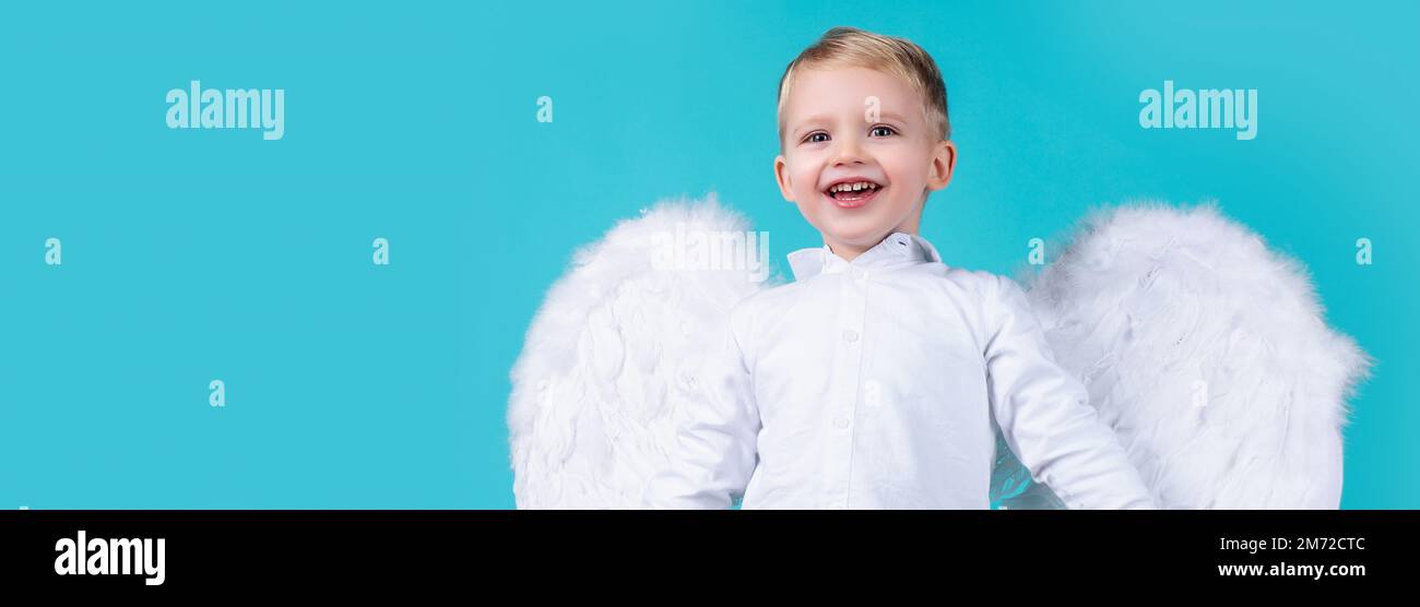 Valentines day banner with angel child. Little angel boy making funny ...