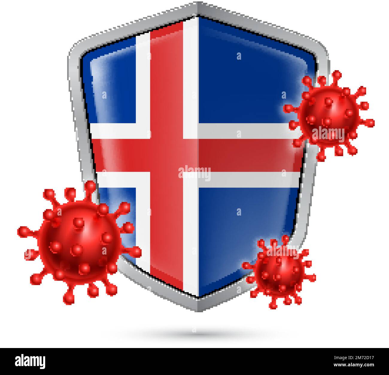 Flag of Iceland on Metal Shiny Shield Icon and Red Corona Virus Cells ...