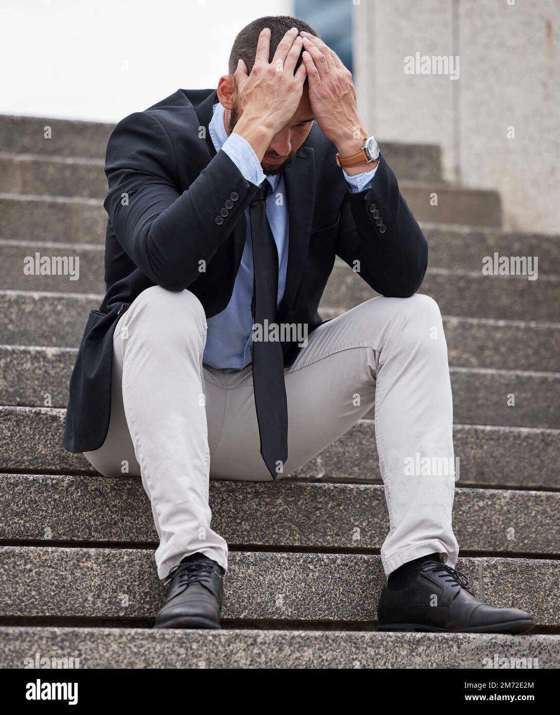 Stress, depression and businessman with anxiety in city, corporate ...