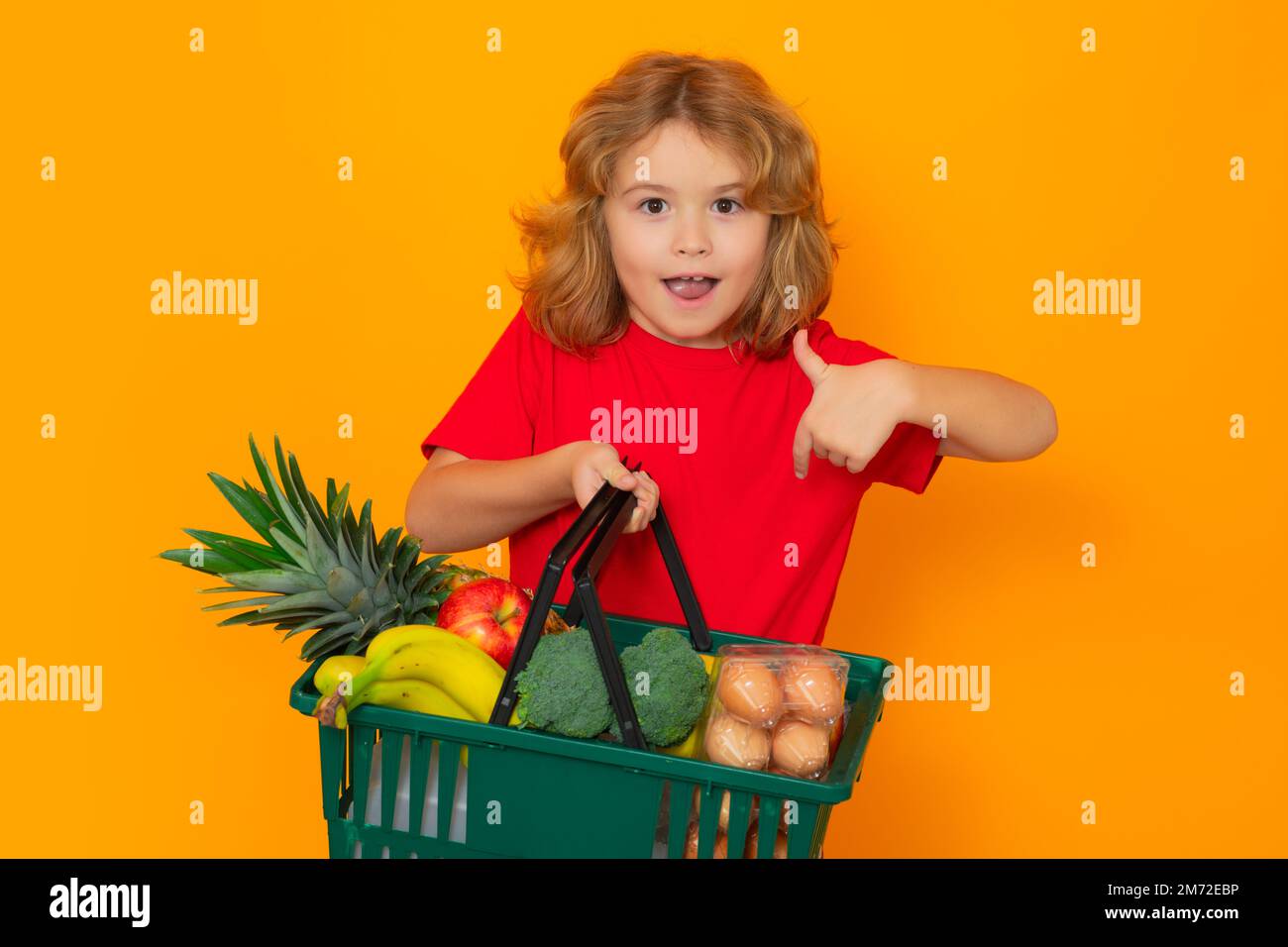 Grocery shop. Kid with grocery basket, isolated studio portrait ...