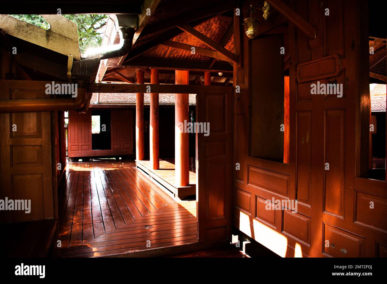 Interior livingroom of ancient wooden house or antique wood home in Khum Khun Phaen garden park ...