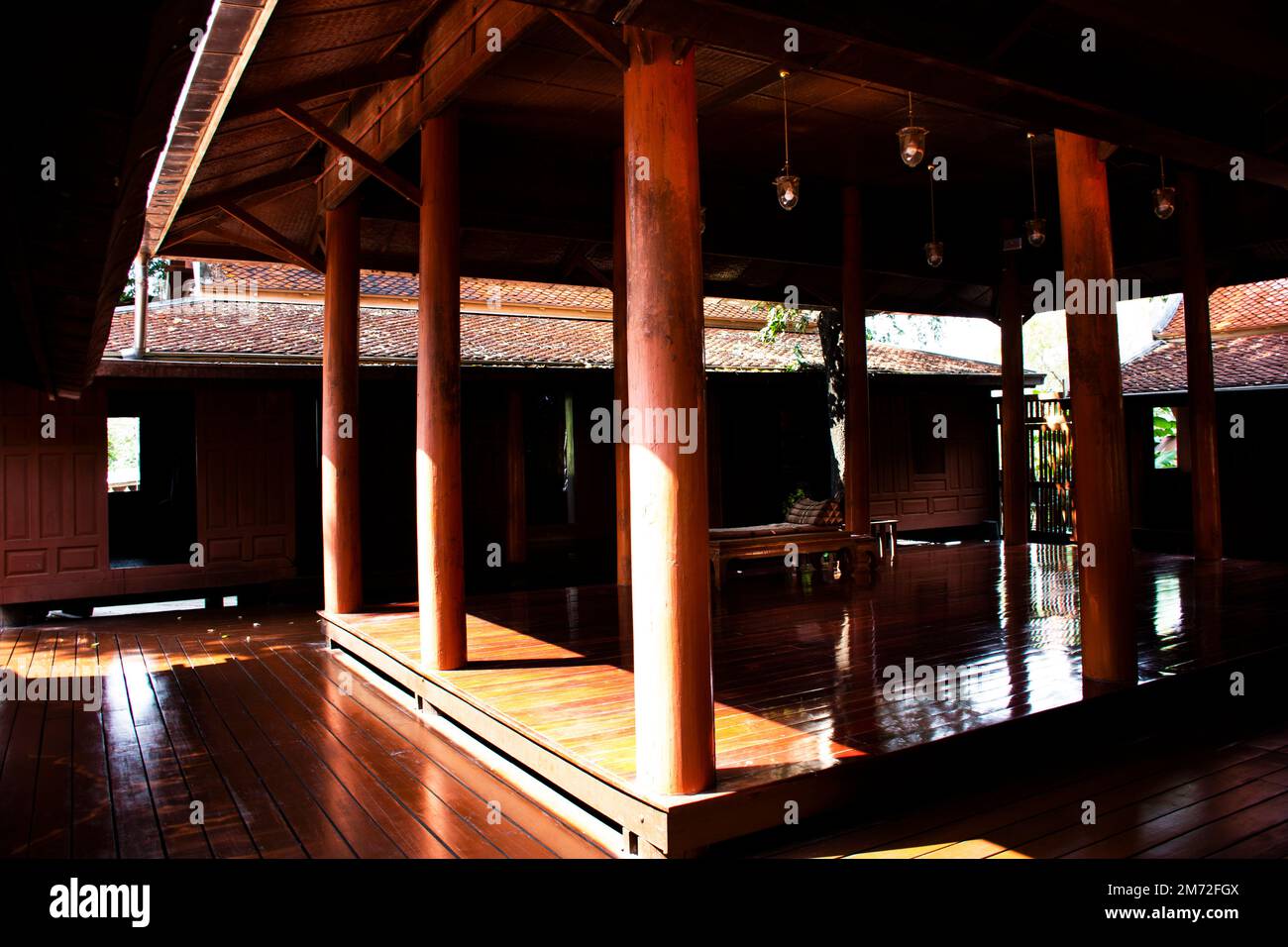 Interior livingroom of ancient wooden house or antique wood home in ...