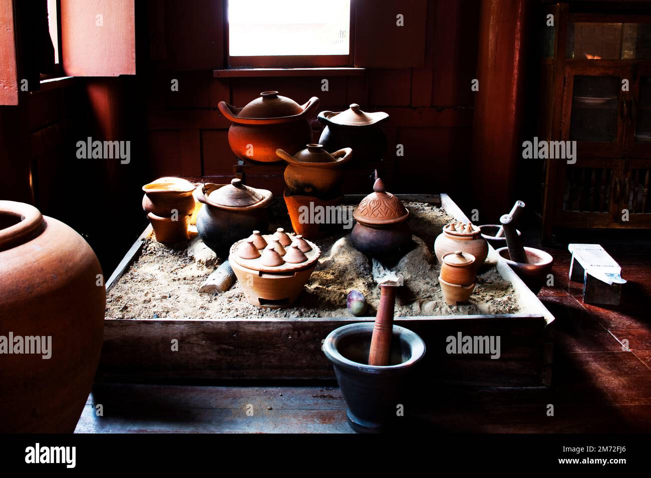 Interior Kitchen room of ancient wooden house or antique wood home in ...