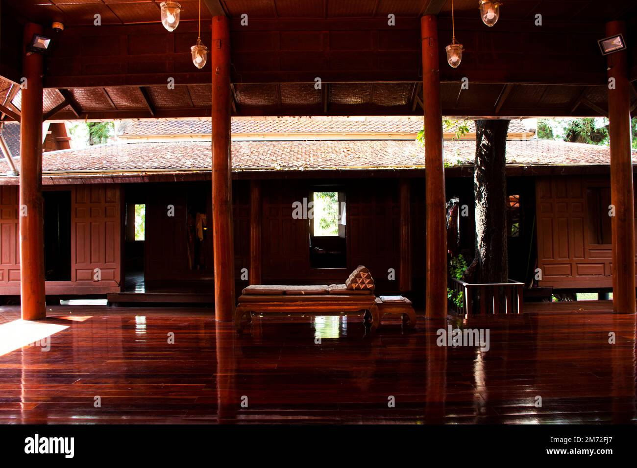 Interior livingroom of ancient wooden house or antique wood home in Khum Khun Phaen garden park ...