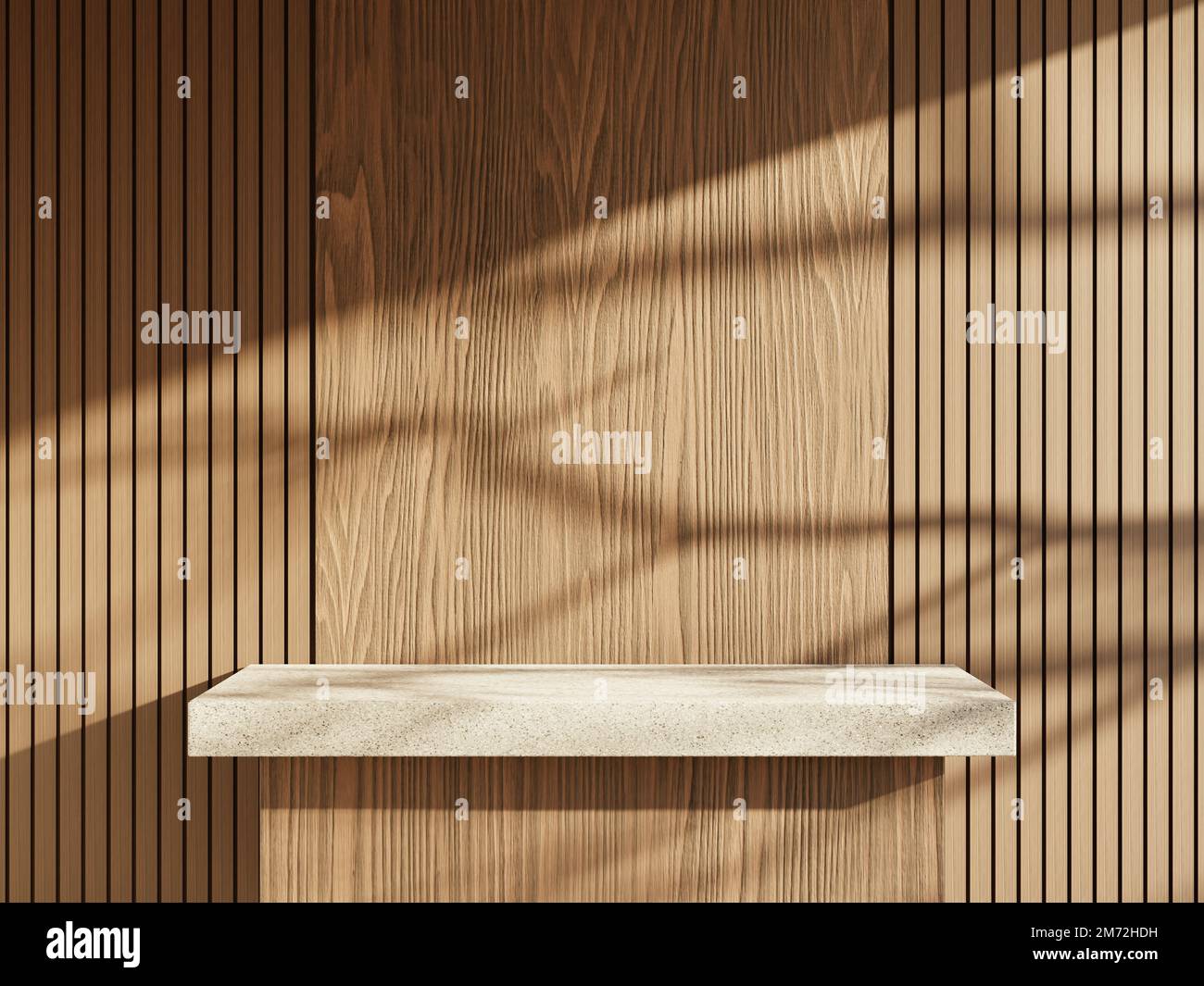 3d granite display podium against wood plank with sunlight. 3d ...