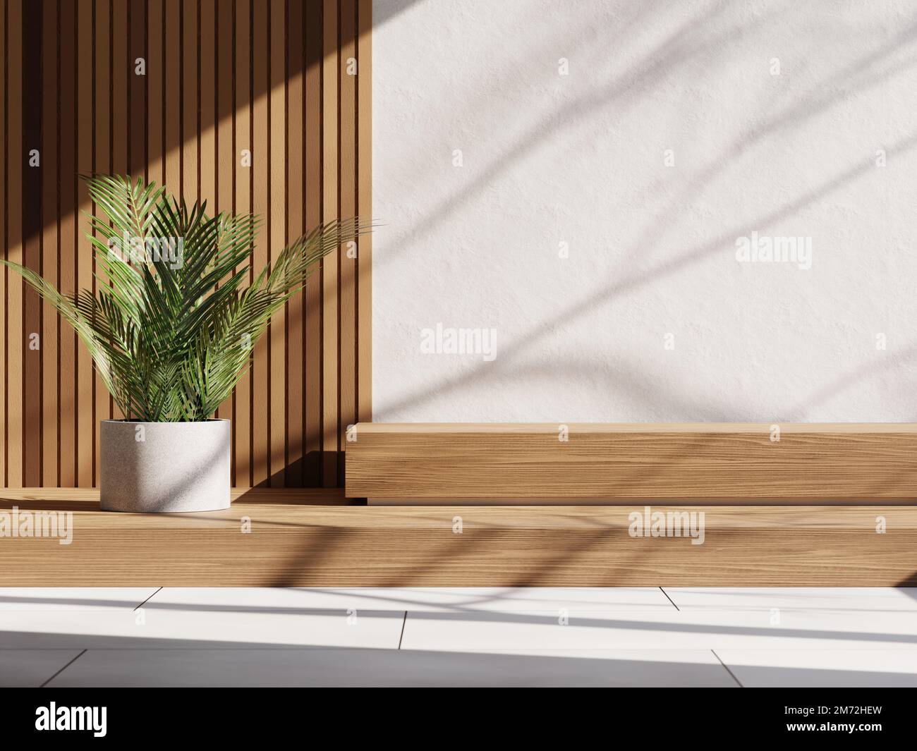 3d wooden display podium with plant against wood plank and white wall ...
