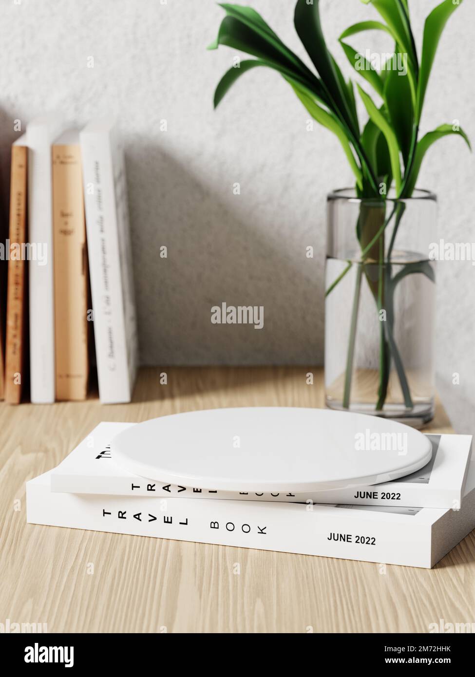 3d ceramic display podium with books and plant on the wooden table. 3d ...