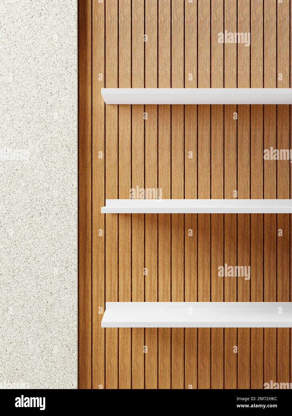 3d white shelves on the wood plank. 3d rendering of realistic ...